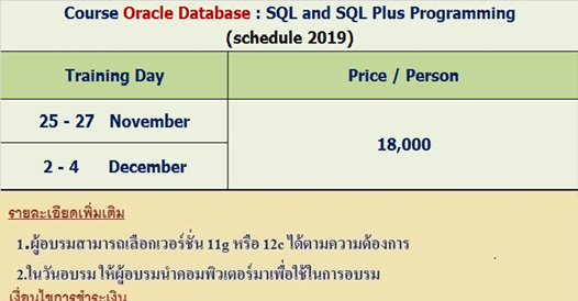 หลักสูตร Oracle Database Sql And Sql Plus Programming ประจำปี 2562 วันพฤหัสบดีที่ 25 วัน