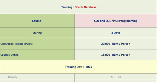 หลักสูตร Oracle Database Sql And Sql Plus Programming วันพฤหัสบดีที่