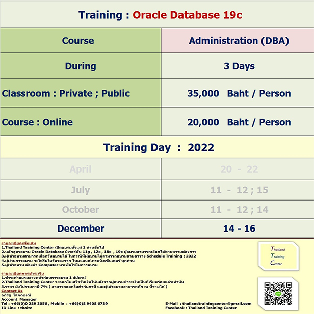 เปิดอบรมหลักสูตร Oracle Database 19c : Administration ( DBA ) วันพฤหัสบดีที่ 14 - วันพฤหัสบดีที่ ...